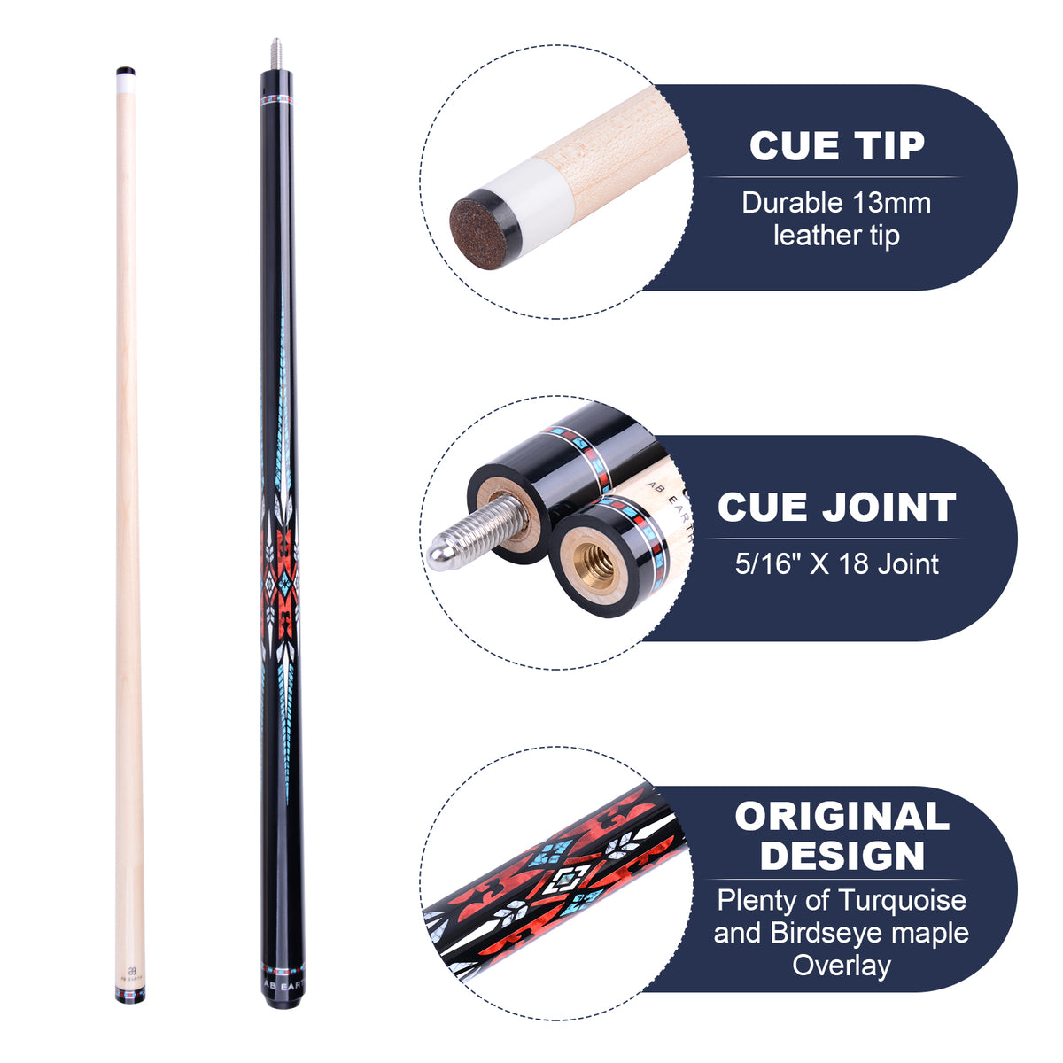AB EARTH 36”/42”/48” Canadian Maple Billiard Short Pool Cues for Tight