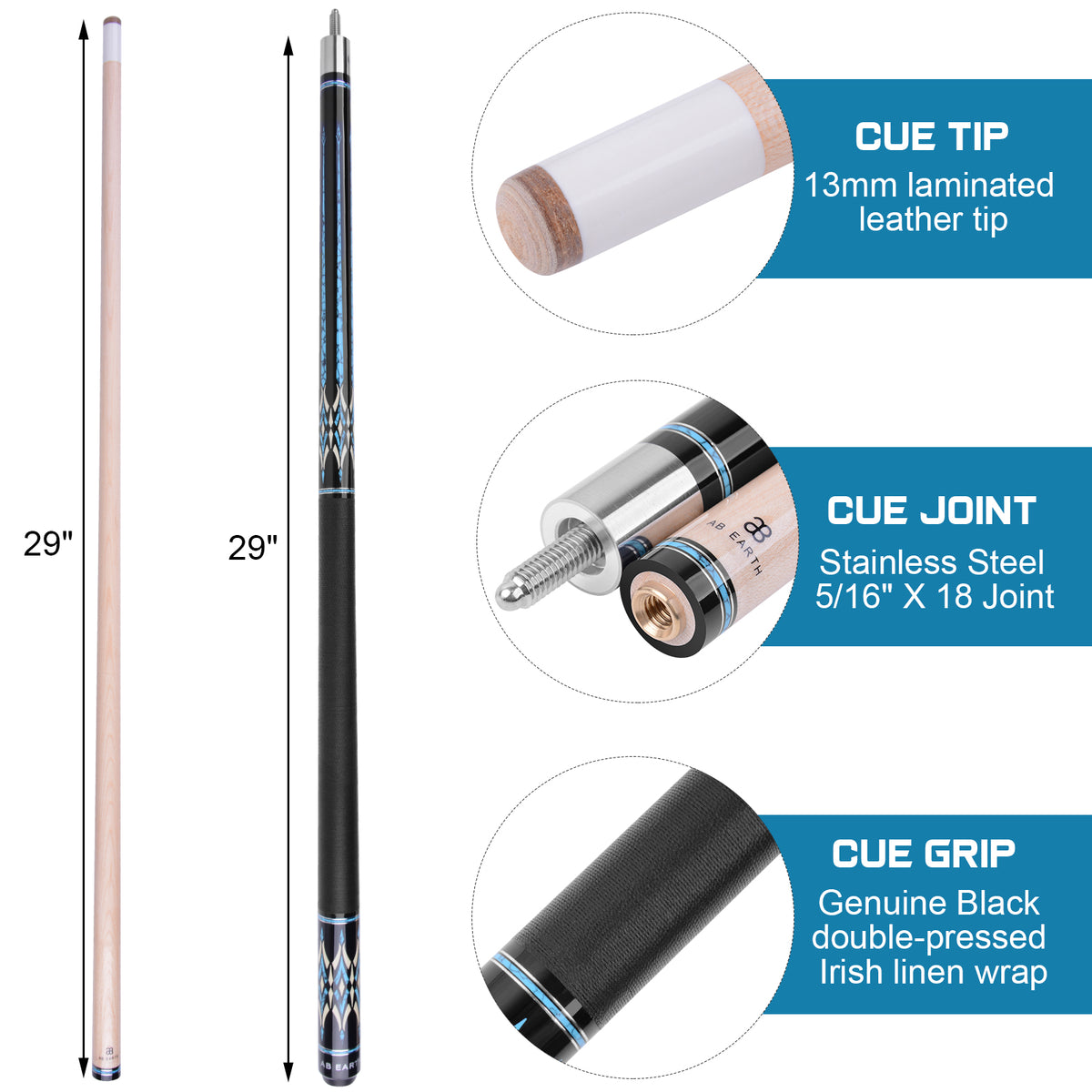 AB EARTH 58" Pool Cue Canadian Maple Billiard Stick with Irish Linen W