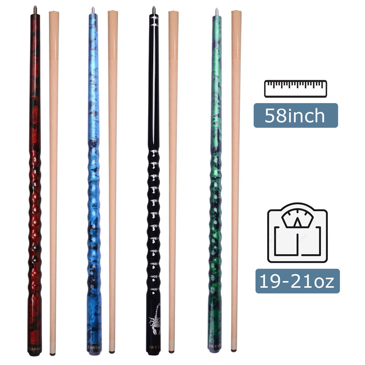 AB EARTH Ergonomic Design Set of 4 House Pool Cues Billiard Bar Pub St
